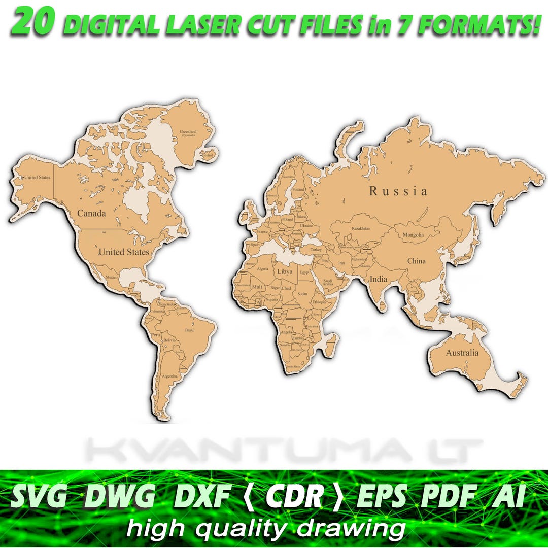 World Map SVG | Laser Cut Vector File Dxf | Cnc Wood Wall Map Ai CDR ...
