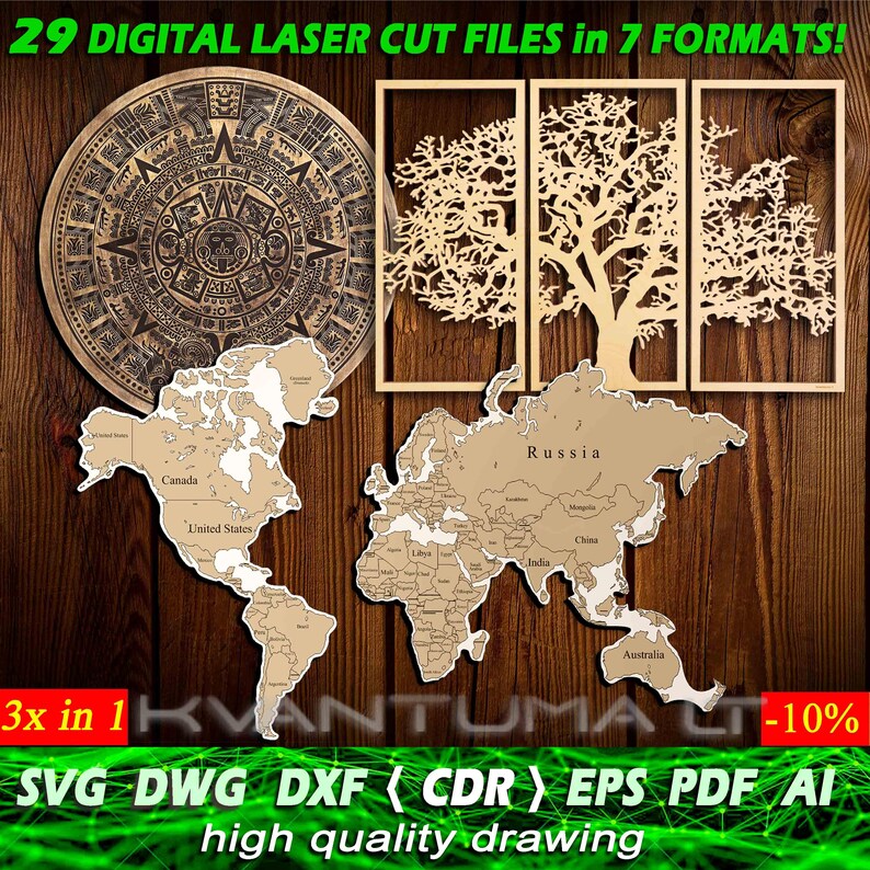 Mayan Calendar SVG | World Map Dxf | Wooden Triptych Wall Art CDR ...