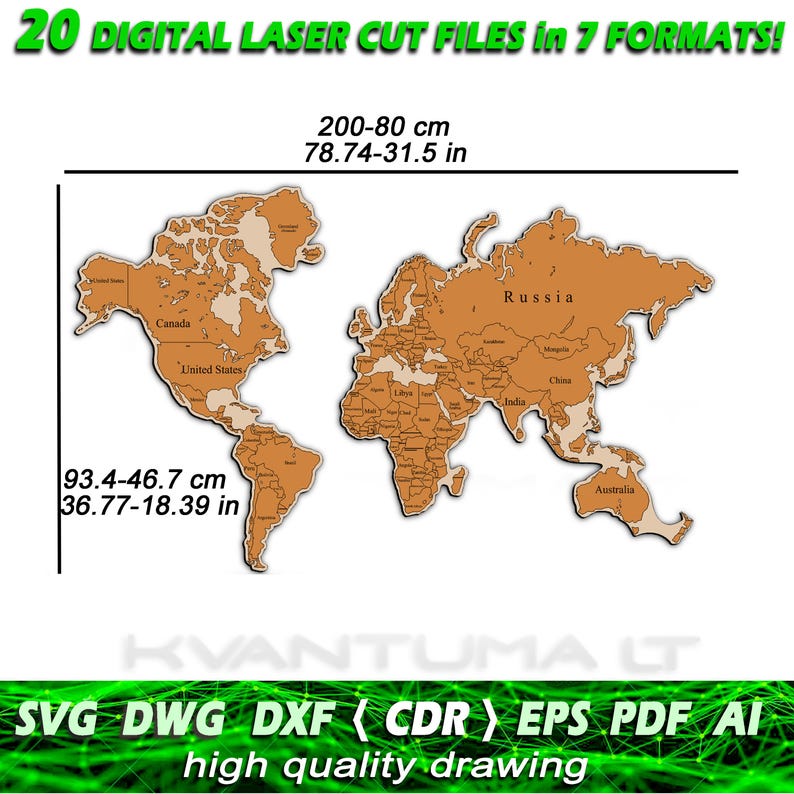 World Map SVG, Laser Cut File EPS, File for Laser Cutter DXF, Vector ...
