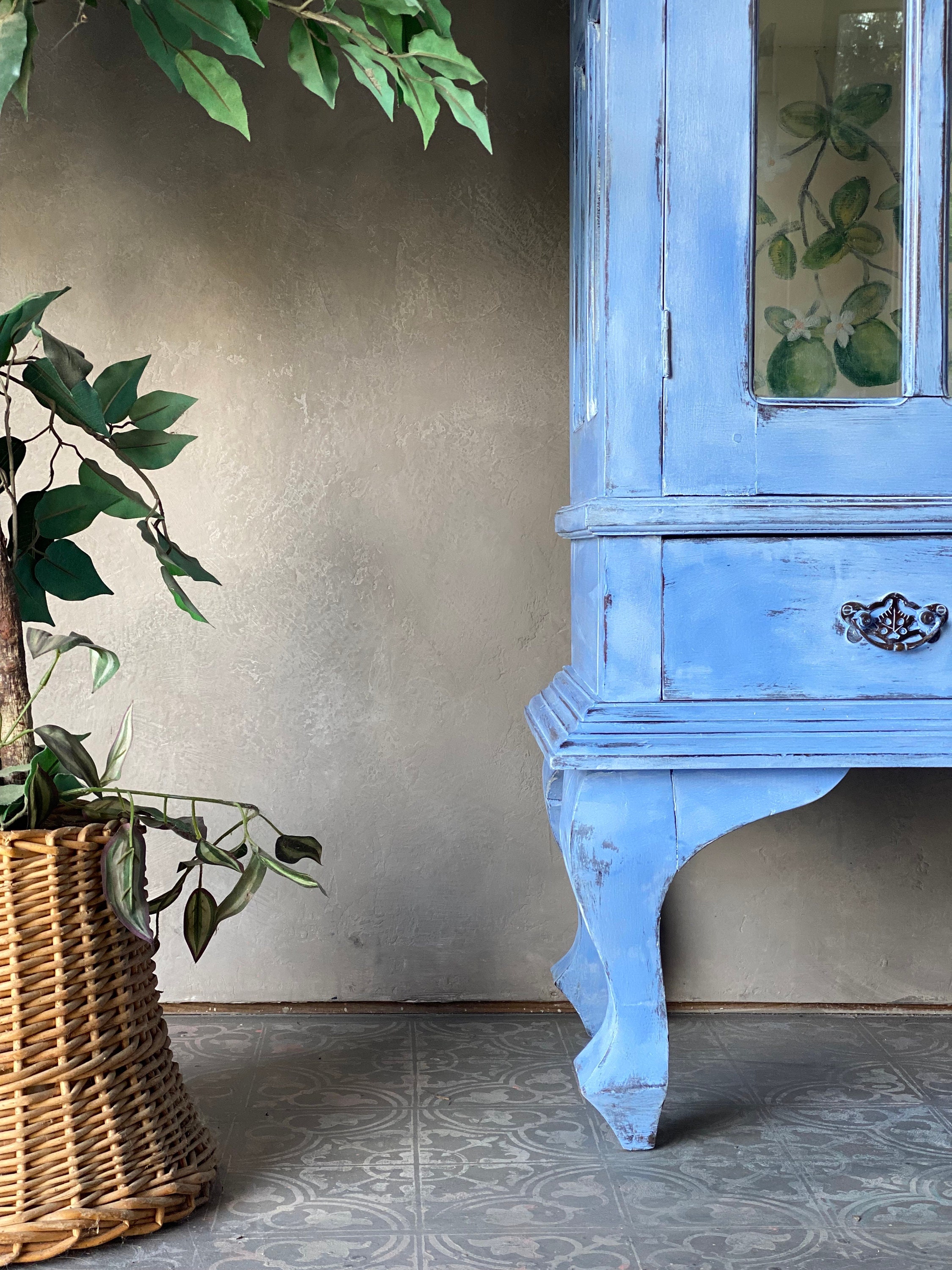 Vintage French Provencial Curio Hand Painted Glass China Hutch Blue ...