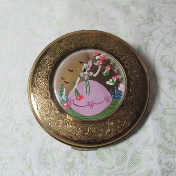 Vintage Crinoline Lady Powder Compact Reverse Painted - Gem