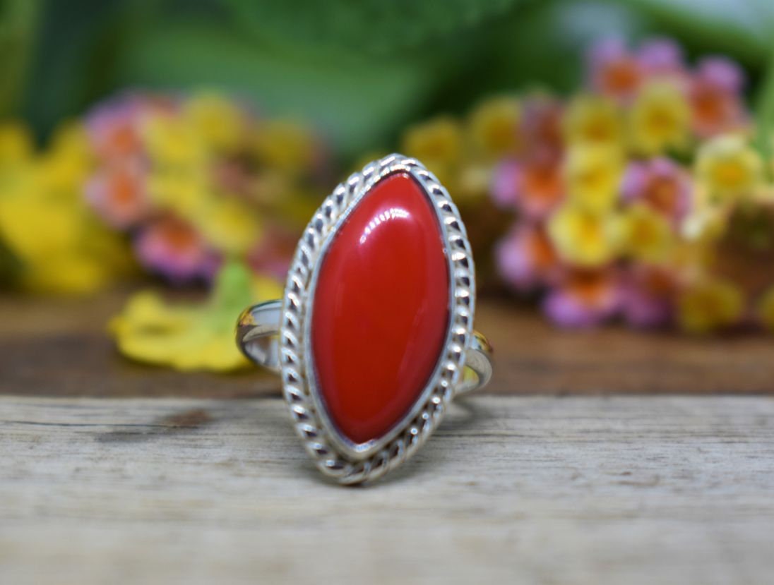 Buy Cabochon Red Coral Ring Handmade Red Coral Ring Marquise Red Online ...