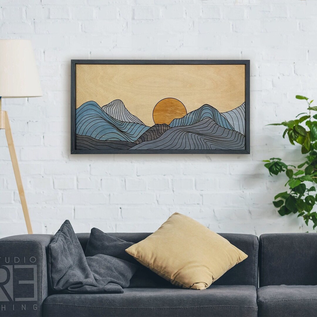 Wooden Boho Mountains Wall Art, Mountains Wood Wall Art, Mid Century ...