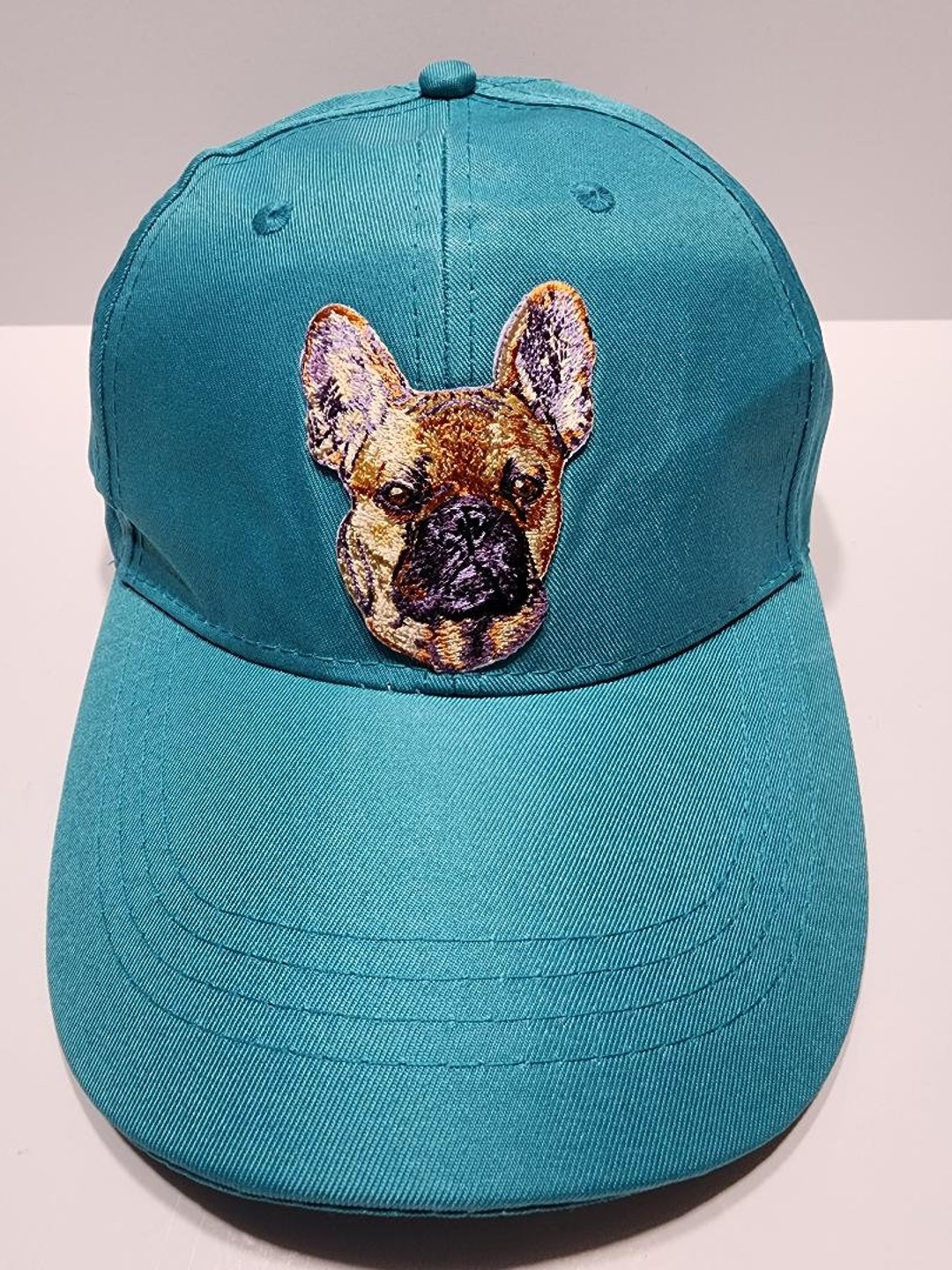 French Bulldog Tan Embroidered Patch on Shiny Turquoise Green Color ...