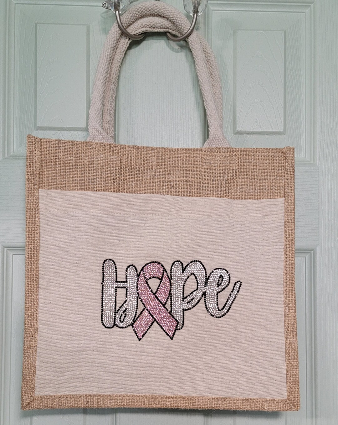 Tote Bag Silver Rhinestone Hope Pink Rhinestone Ribbon on Natural Jute ...