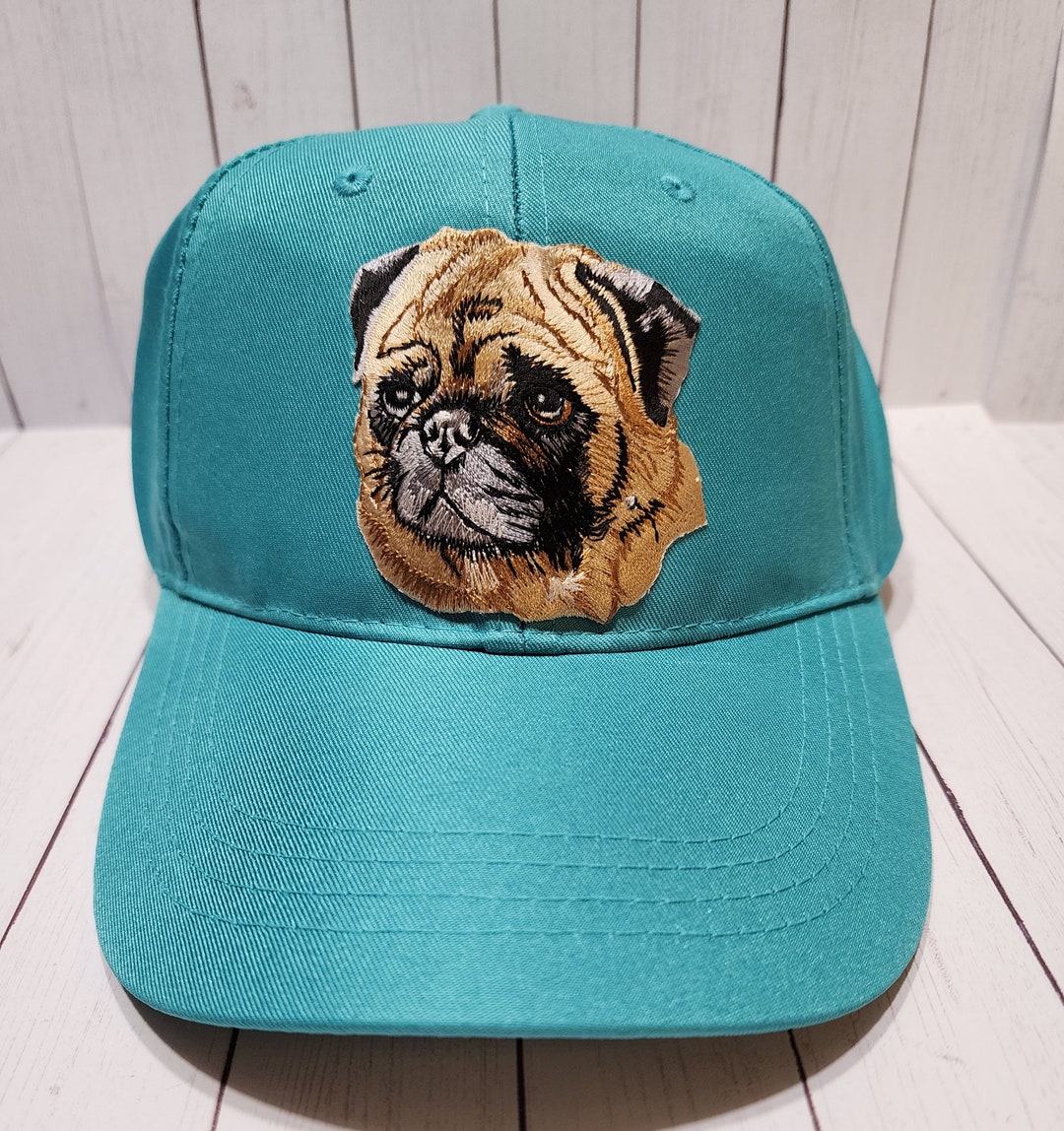 Pug Dog Portrait Tan & Black Embroidered Patch on Teal Green Color ...