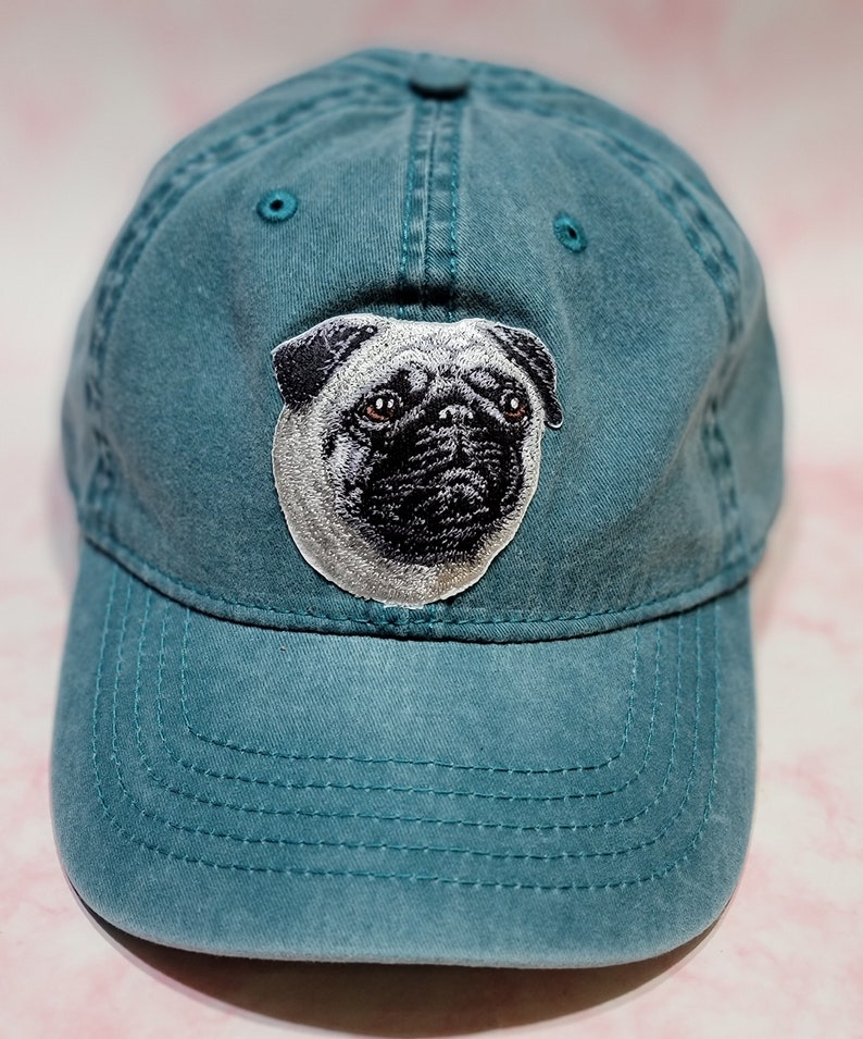 Pug Dog Portrait Grey Black Embroidered Patch on Emerald Green Baseball ...
