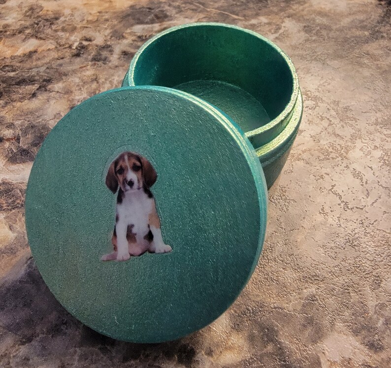 Small Round Wood Trinket Box With Beagle Puppy Dog Ring Box Emerald ...