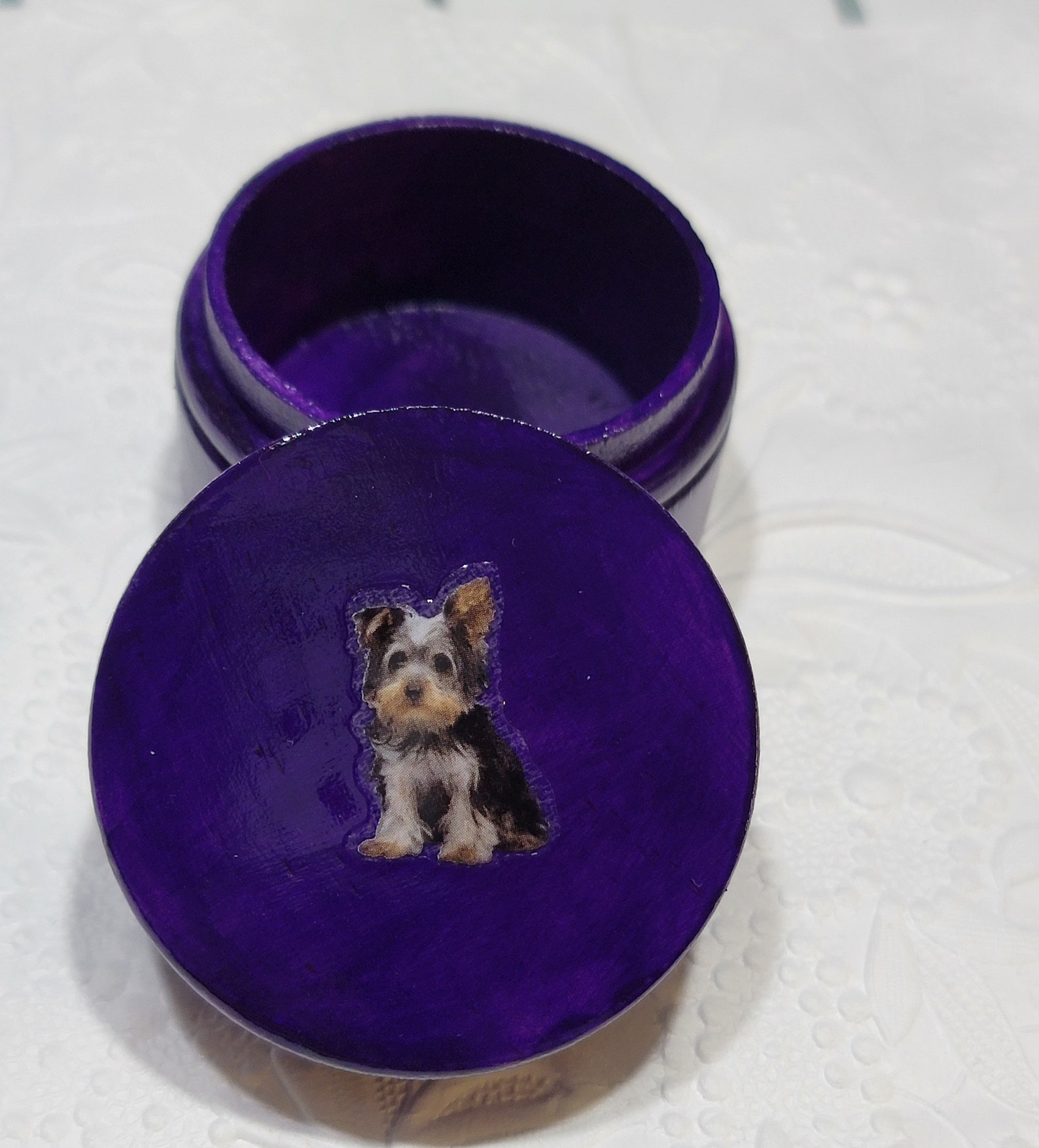 Small Round Wood Trinket Box With Yorkshire Terrier Puppy Dog Ring Box ...