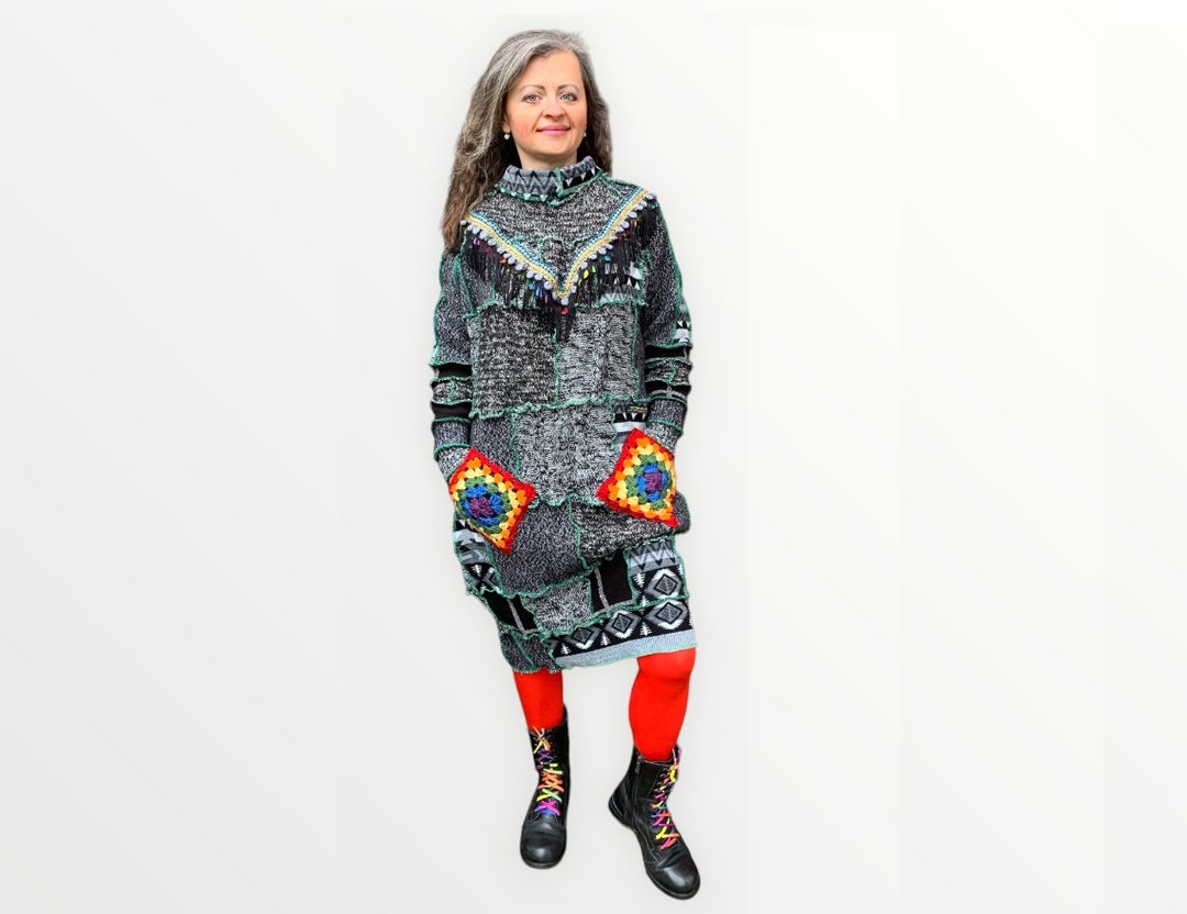 Upcycled Patchwork Sweater Dress Monochrome: Rainbow Granny Square ...