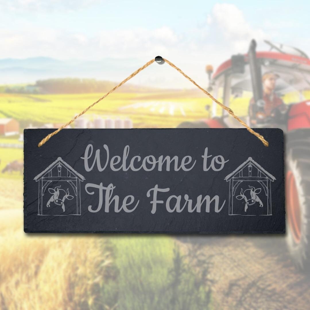 Welcome To The Farm Laser Engraved Hanging Slate Farmhouse | Etsy
