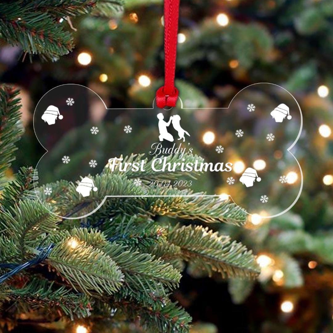 Personalised Dog First Christmas Bone Bauble Any Name Date Bauble Gift ...