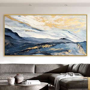 Navy blue landscape painting on canvas snow mountain painting | Etsy