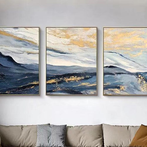 Navy Blue Landscape Painting on Canvas Abstract Mountain - Etsy