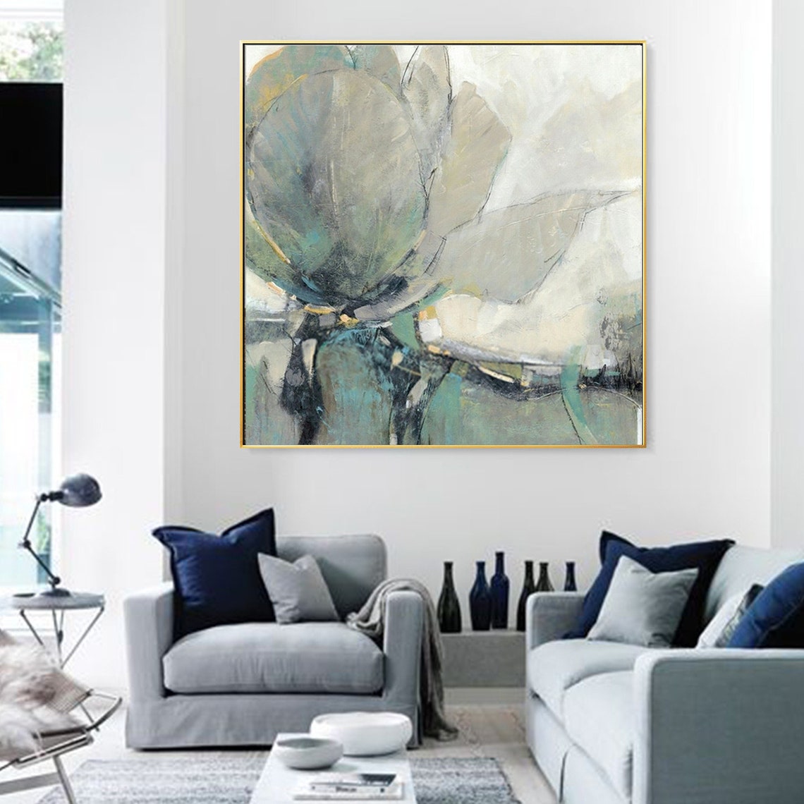 Modern Abstract Big Flower Painting Green Plant Floral Canvas - Etsy