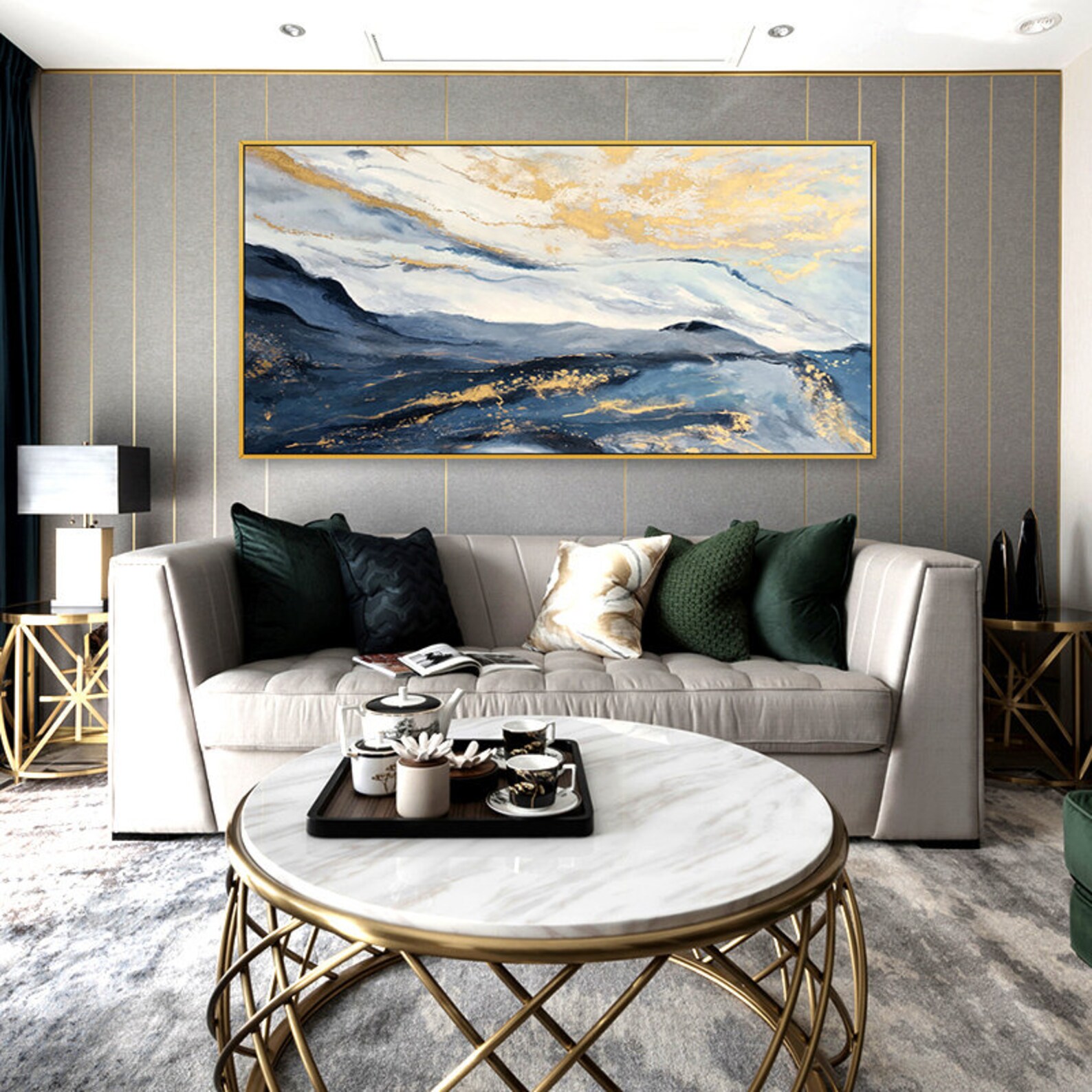 Navy Blue Landscape Painting on Canvas Abstract Mountain Painting Gold ...