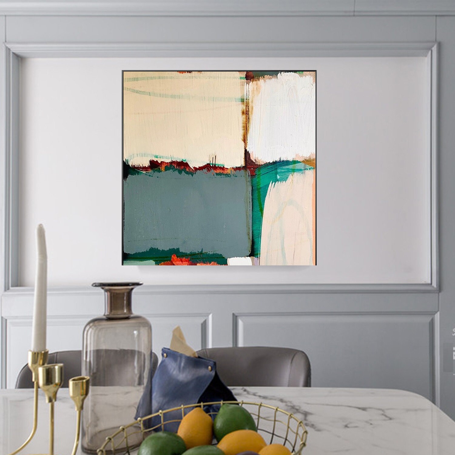 Hand Painted Color Block Abstract Painting on Canvas Green Painting Bed ...