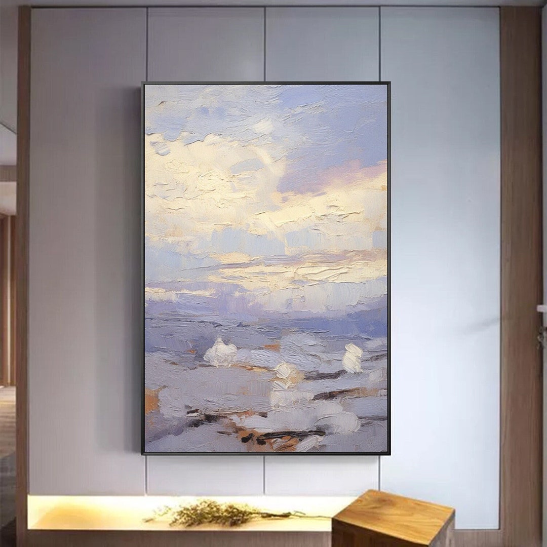 Large Sunset Wall Painting, Navy Blue Mountain Painting on Canvas ...