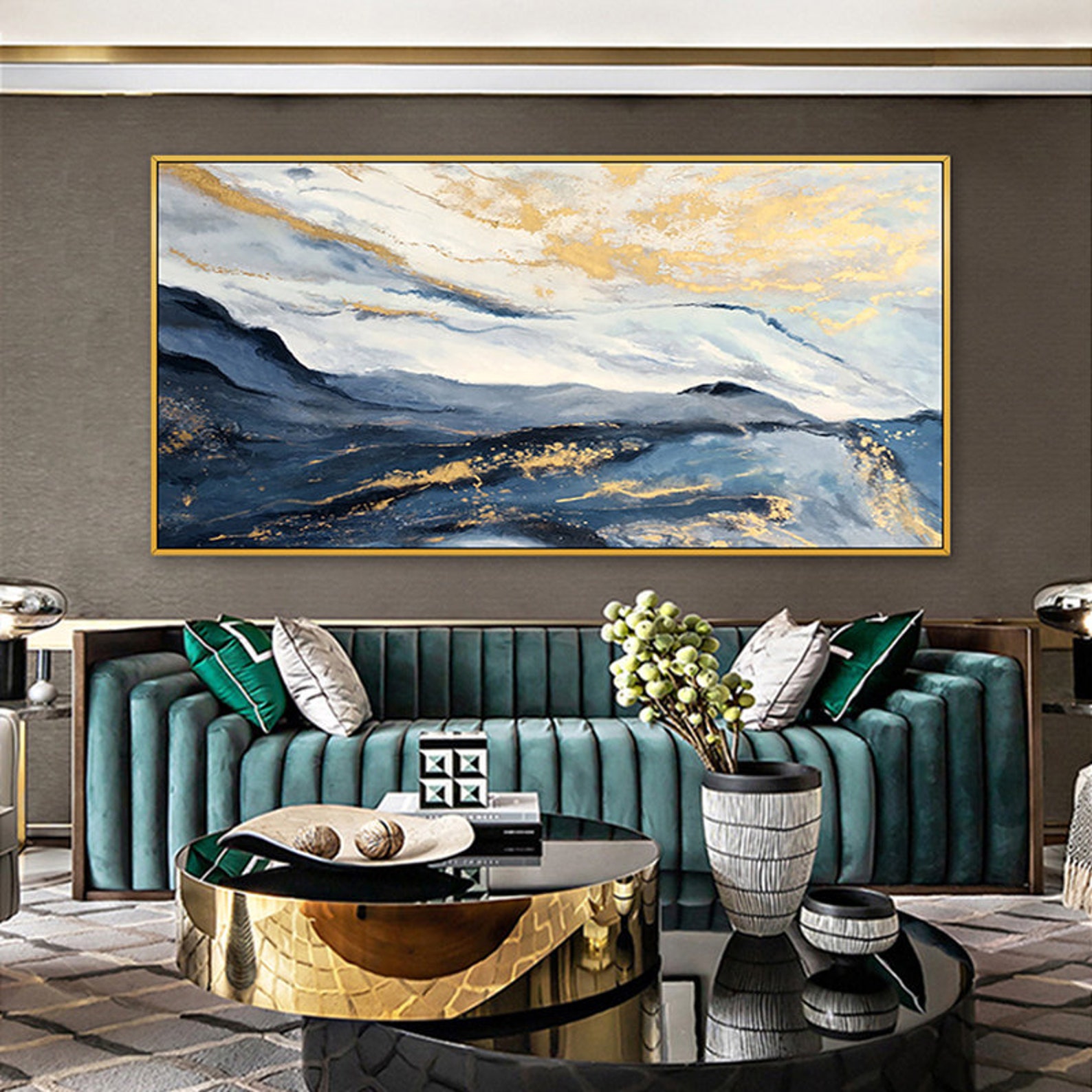 Navy Blue Landscape Painting on Canvas Abstract Mountain Painting Gold ...
