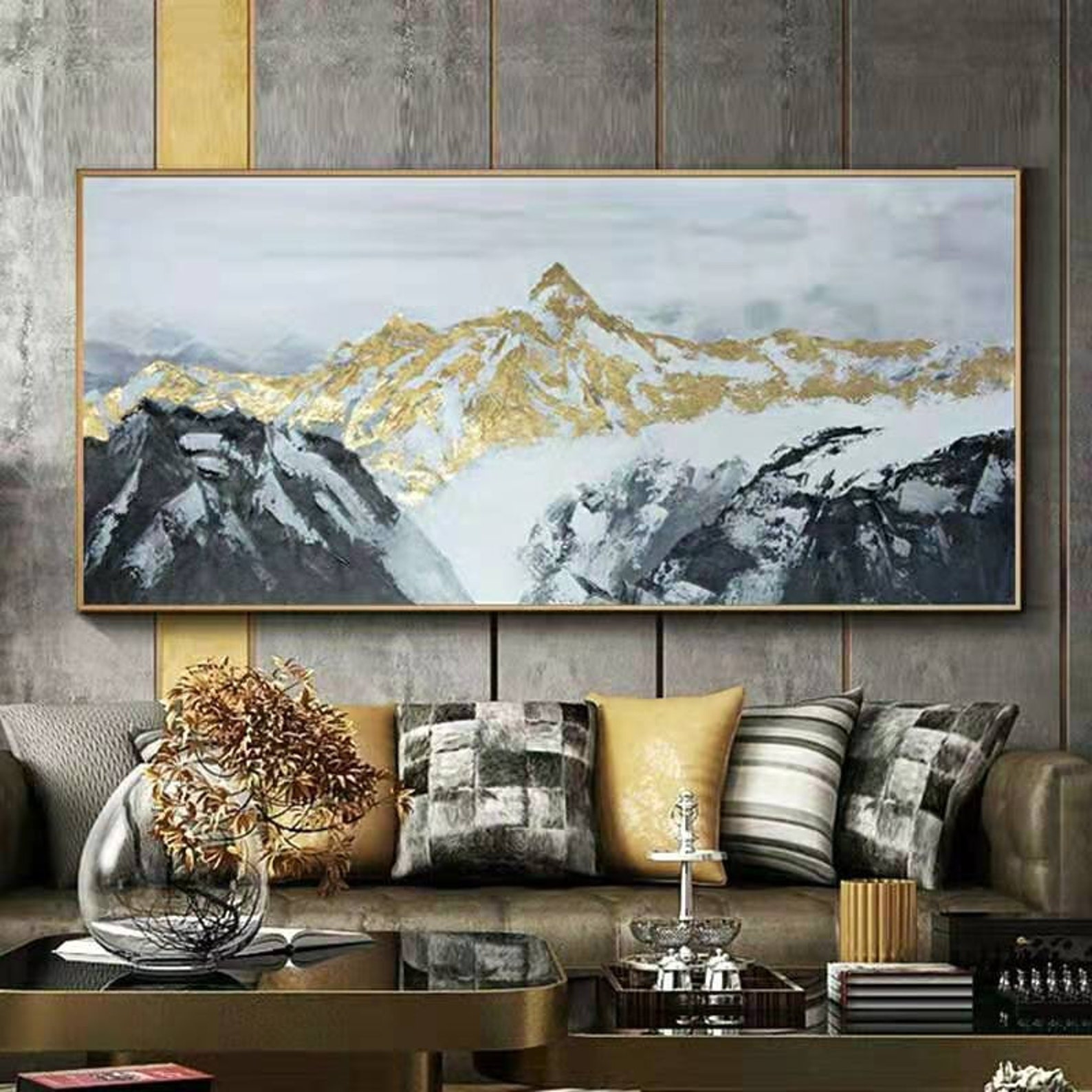 Landscape Snow Mountain Painting Sunshine Gold Mountain Gold - Etsy