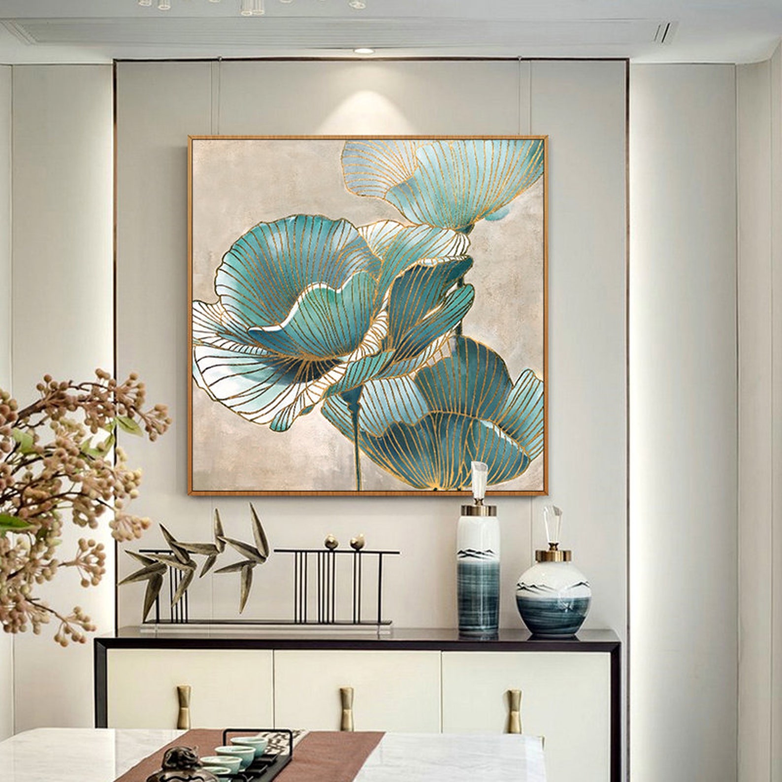 Abstract Plant Painting Green Floral Canvas Painting Gold Line - Etsy