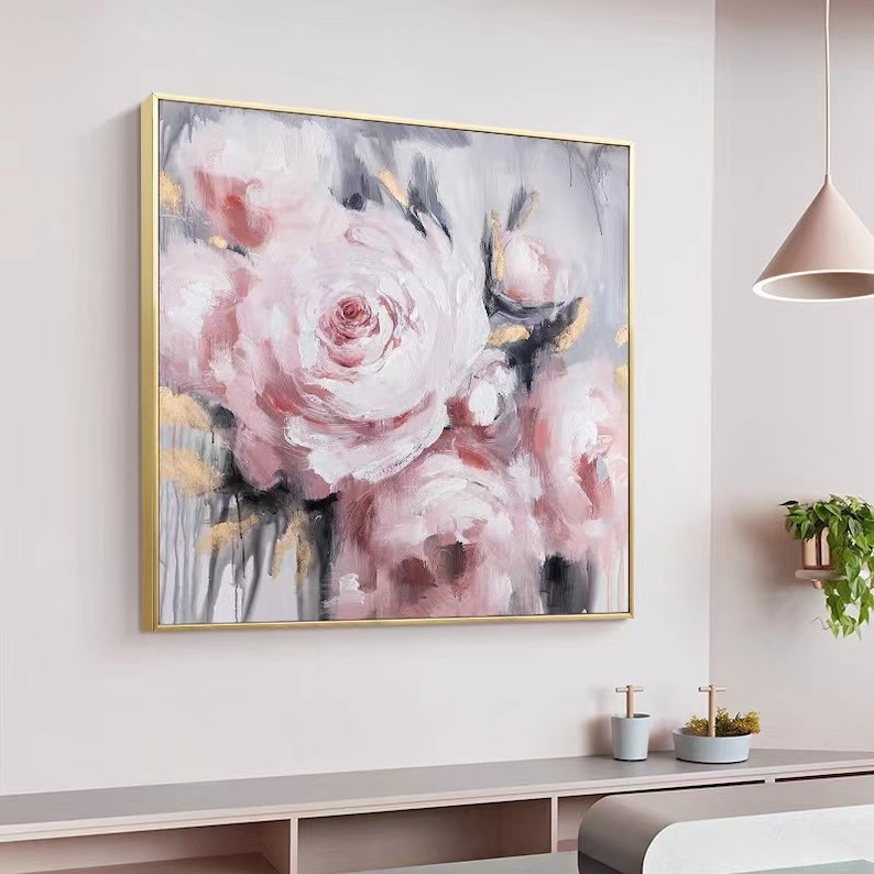 Abstract Floral Painting Gold Canvas Painting Pink Flower Art - Etsy