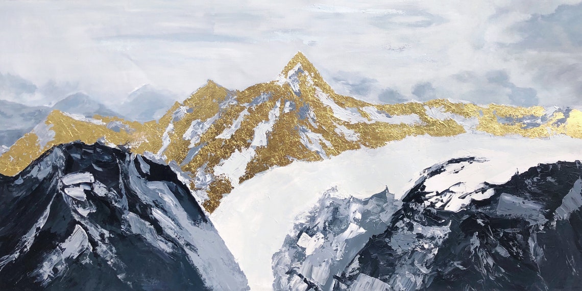 Landscape Snow Mountain Painting Sunshine Gold Mountain Gold - Etsy