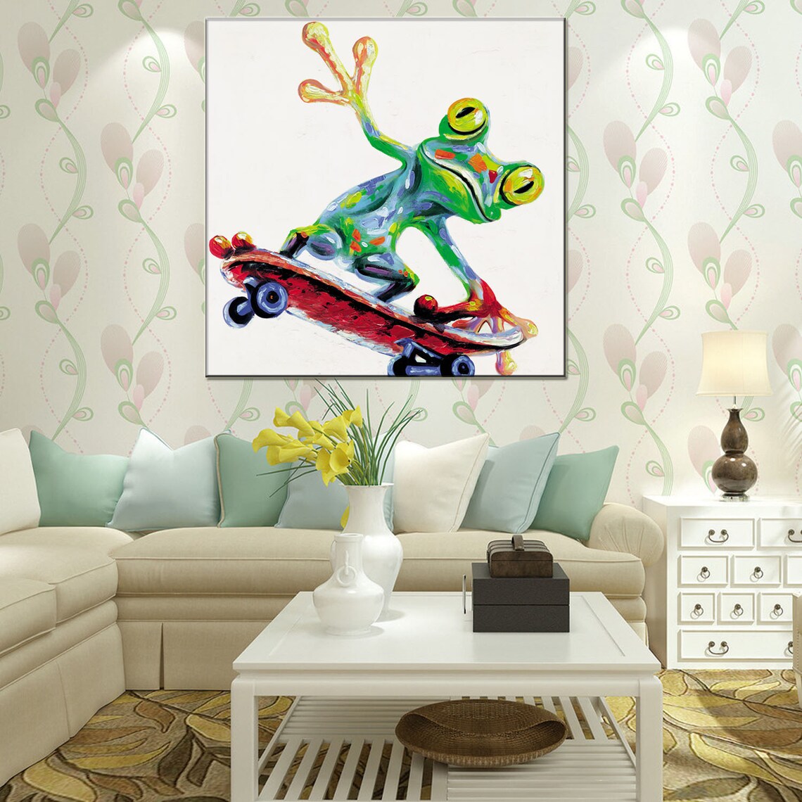 Vibrant Frog Art Whimsical Modern Colorful Abstract Art on Canvas Green ...