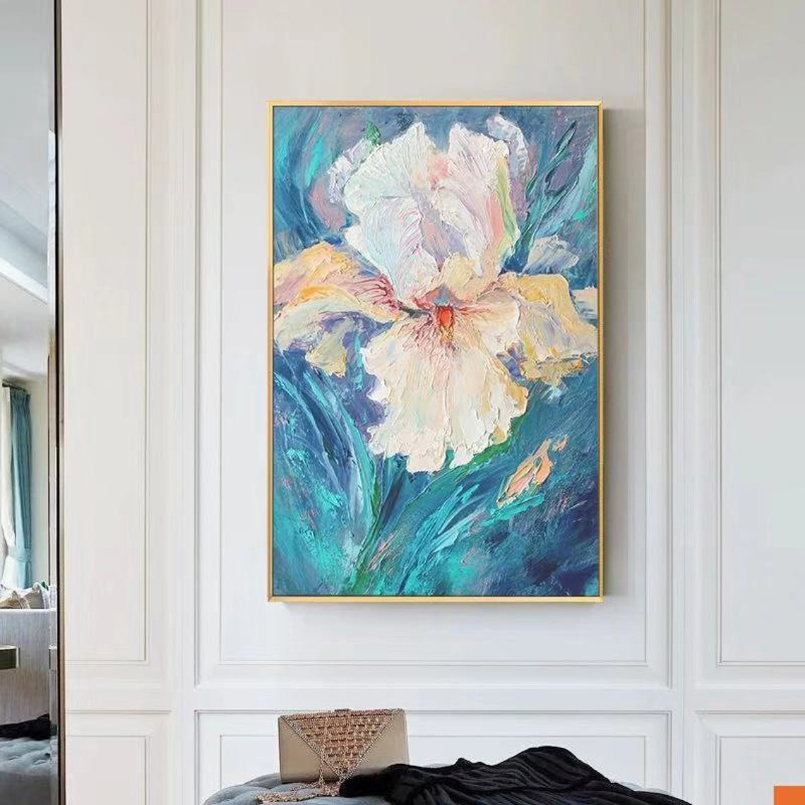 Large Abstract Flower Painting on Canvas Blue Textured - Etsy