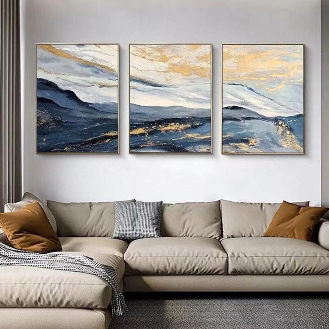 Set of 3 Pieces Navy Blue Landscape Painting on Canvas Snow Mountain ...