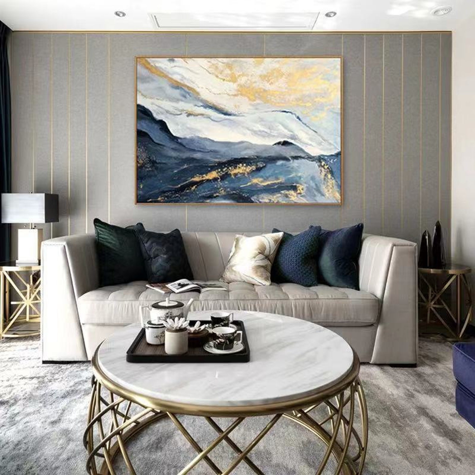Navy Blue Landscape Painting on Canvas Snow Mountain Painting - Etsy