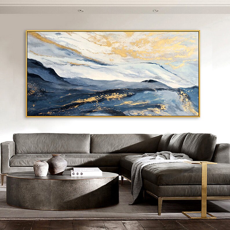 Navy blue landscape painting on canvas snow mountain painting | Etsy