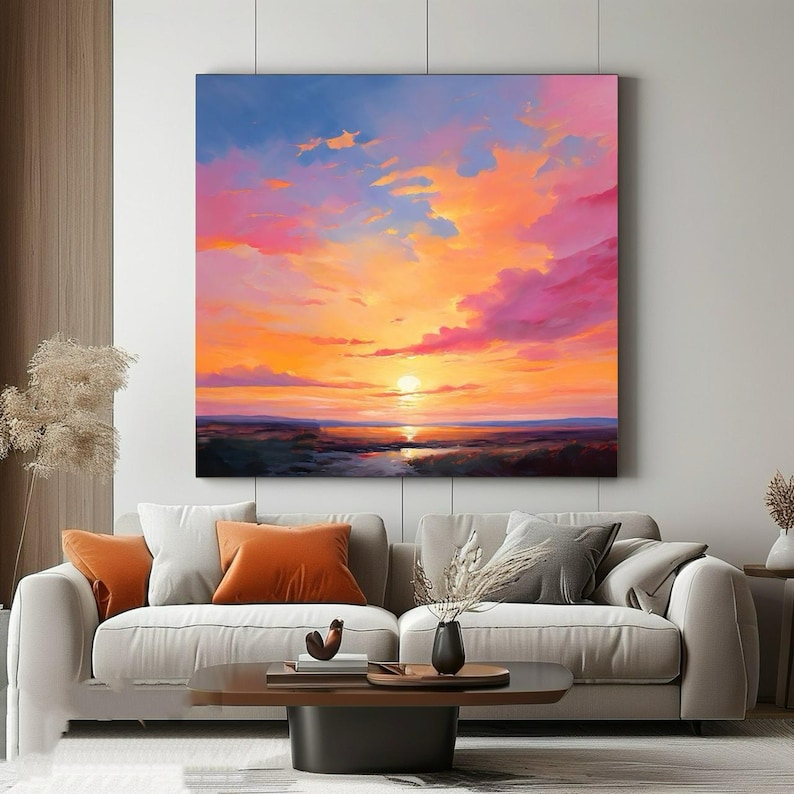 Vibrant Yellow Sunset Seascape Oil Painting, Colorful Textured Canvas ...