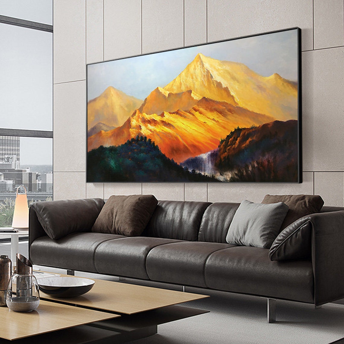 Gold Mountain Painting Sunset Art Snow Moutain Art Heavy - Etsy