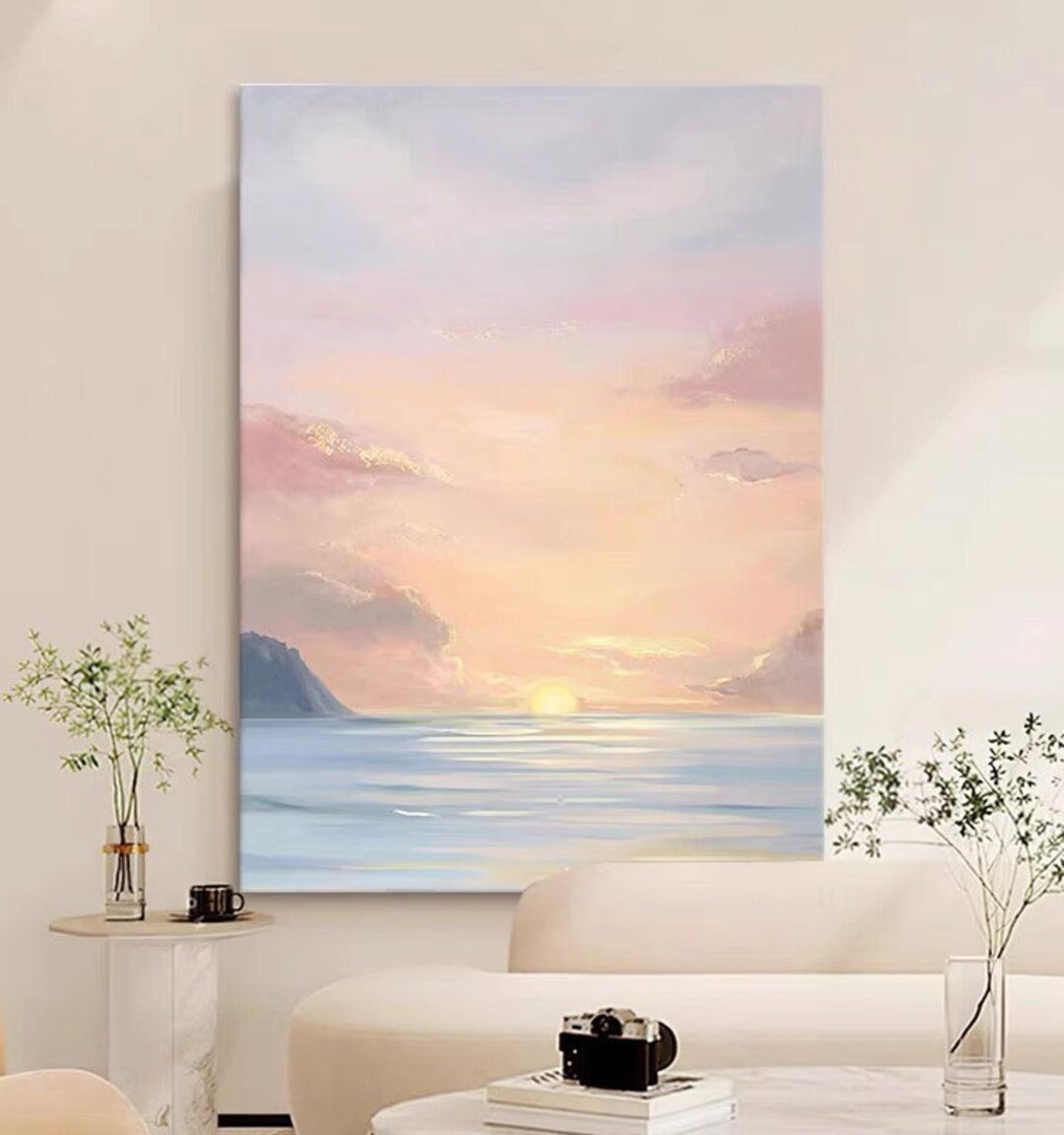 Large Ocean Sunset Painting Coastal Wall Art Blue Sea Painting Gold ...