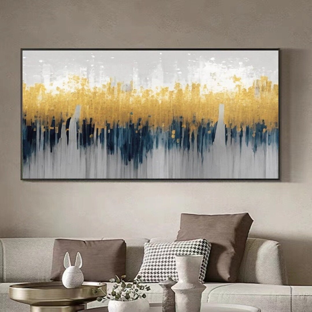 Navy Blue Landscape Painting on Canvas Abstract Mountain Painting, Gold ...