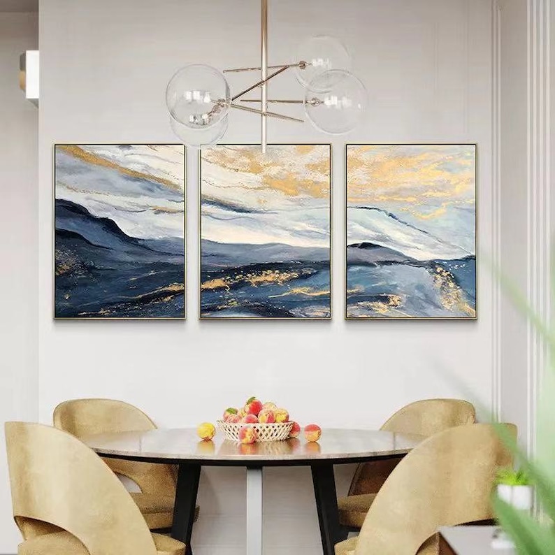 Set of 3 Pieces Navy Blue Landscape Painting on Canvas Snow Mountain ...