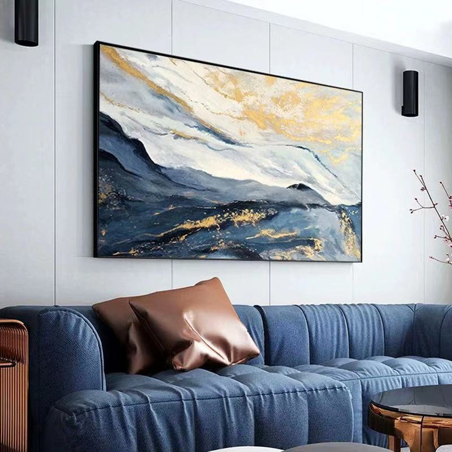 Navy Blue Landscape Painting on Canvas Snow Mountain Painting - Etsy