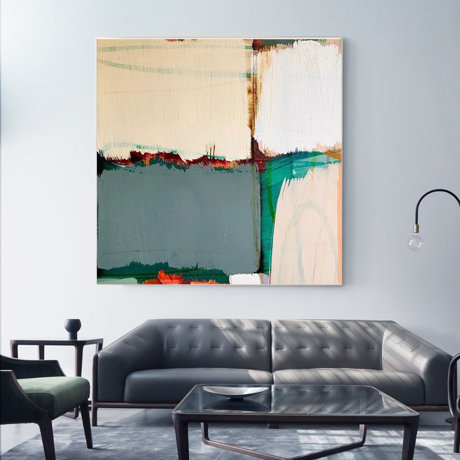 Hand Painted Color Block Abstract Painting on Canvas Green Painting Bed ...