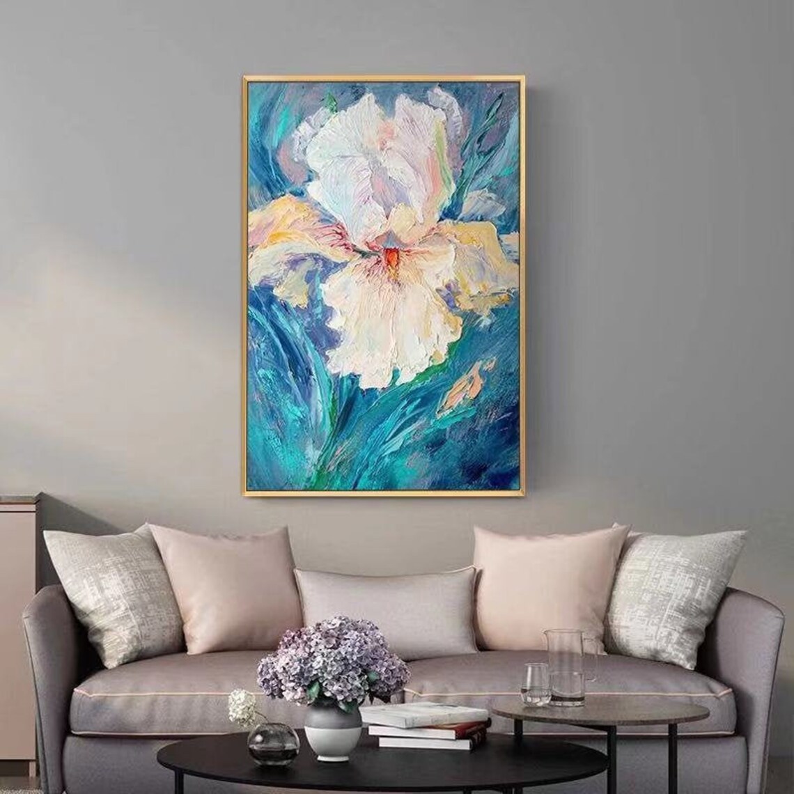 Large Abstract Flower Painting on Canvas Blue Textured | Etsy