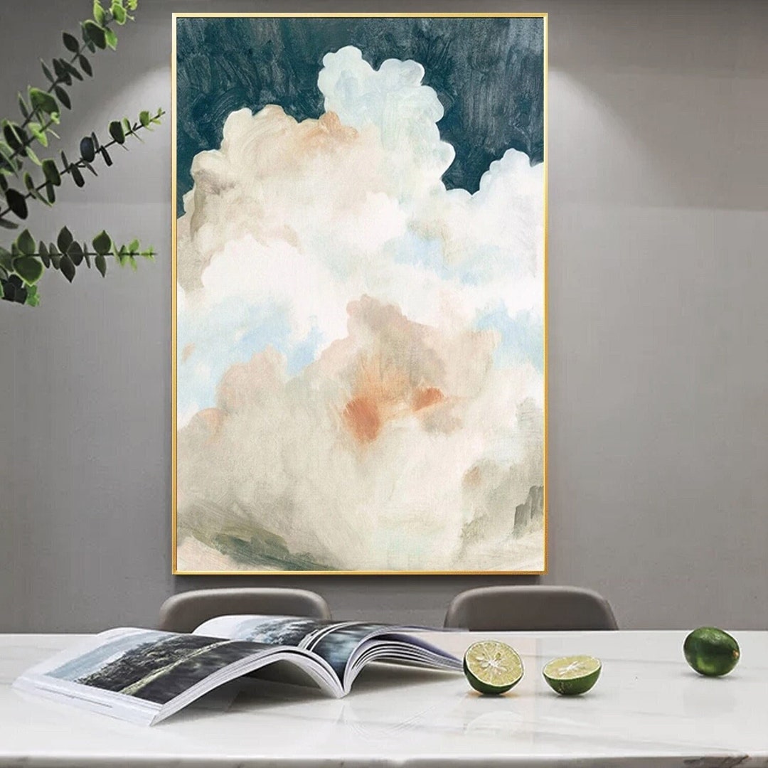 White Clouds Painting on Canvas, Blue Abstract Painting, Blue Sky Wall ...
