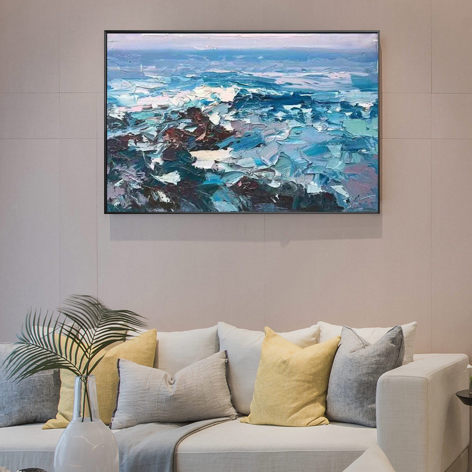 Textured abstract scenery painting on canvas navy blue sea | Etsy