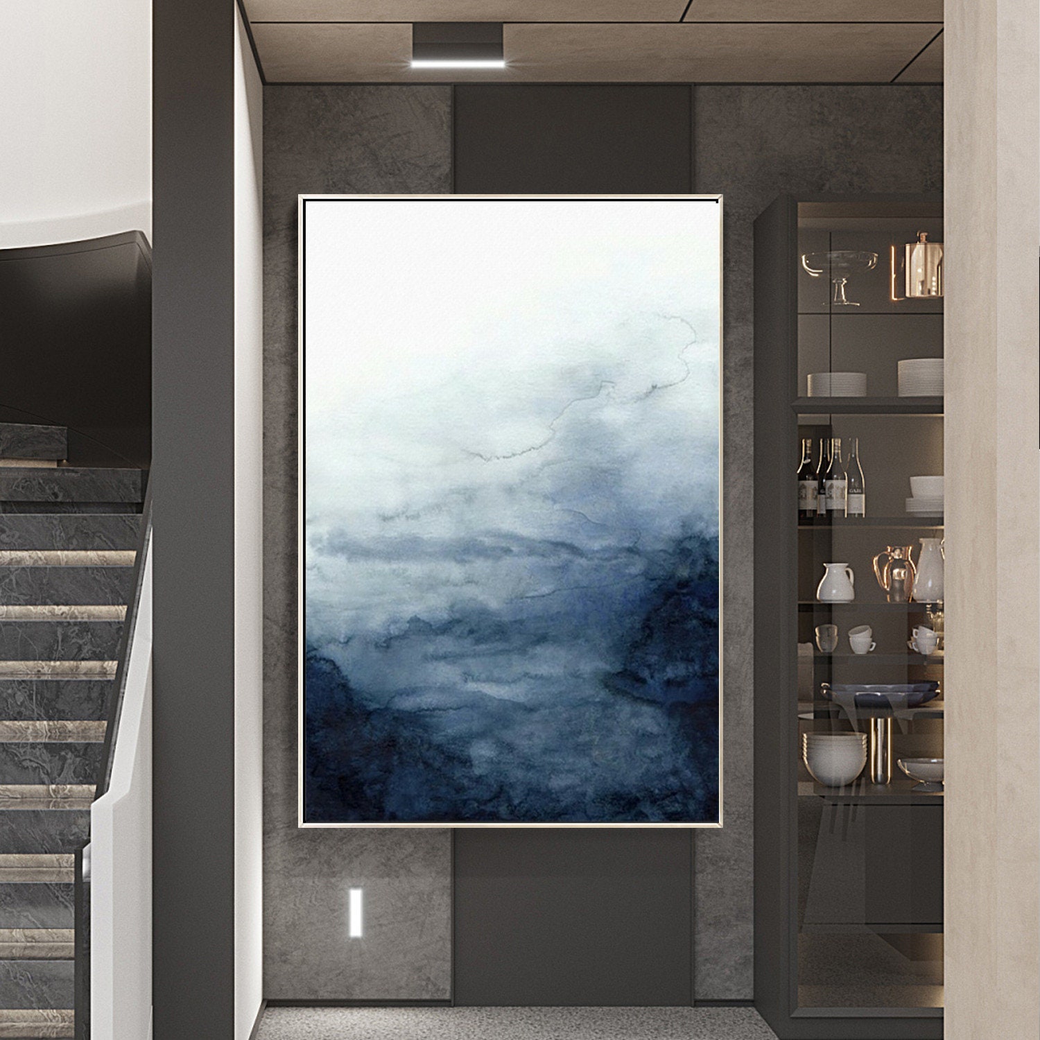 Modern Abstract Painting Scenery Canvas Navy Blue Mountain - Etsy