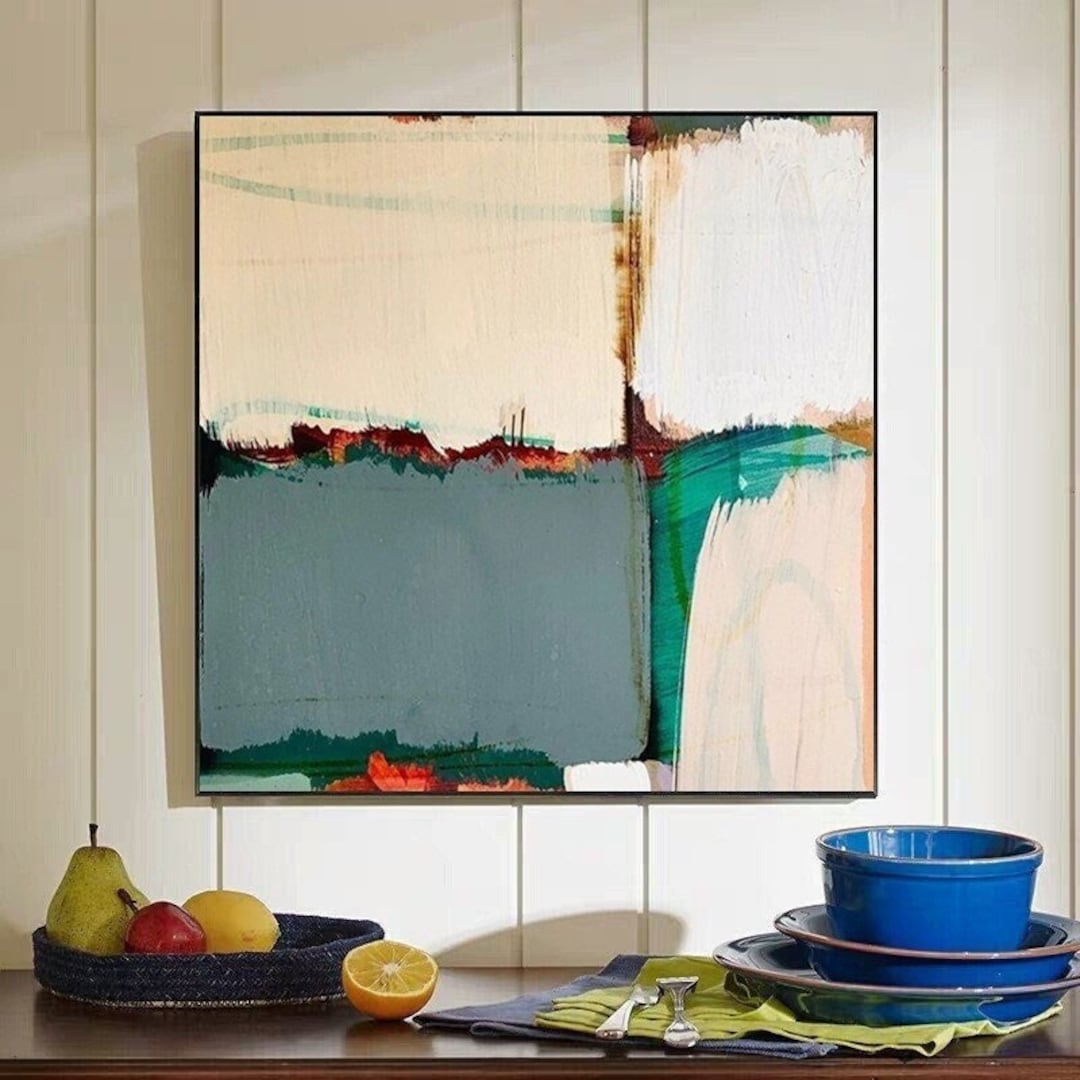 Hand Painted Color Block Abstract Painting on Canvas Green Painting Bed ...