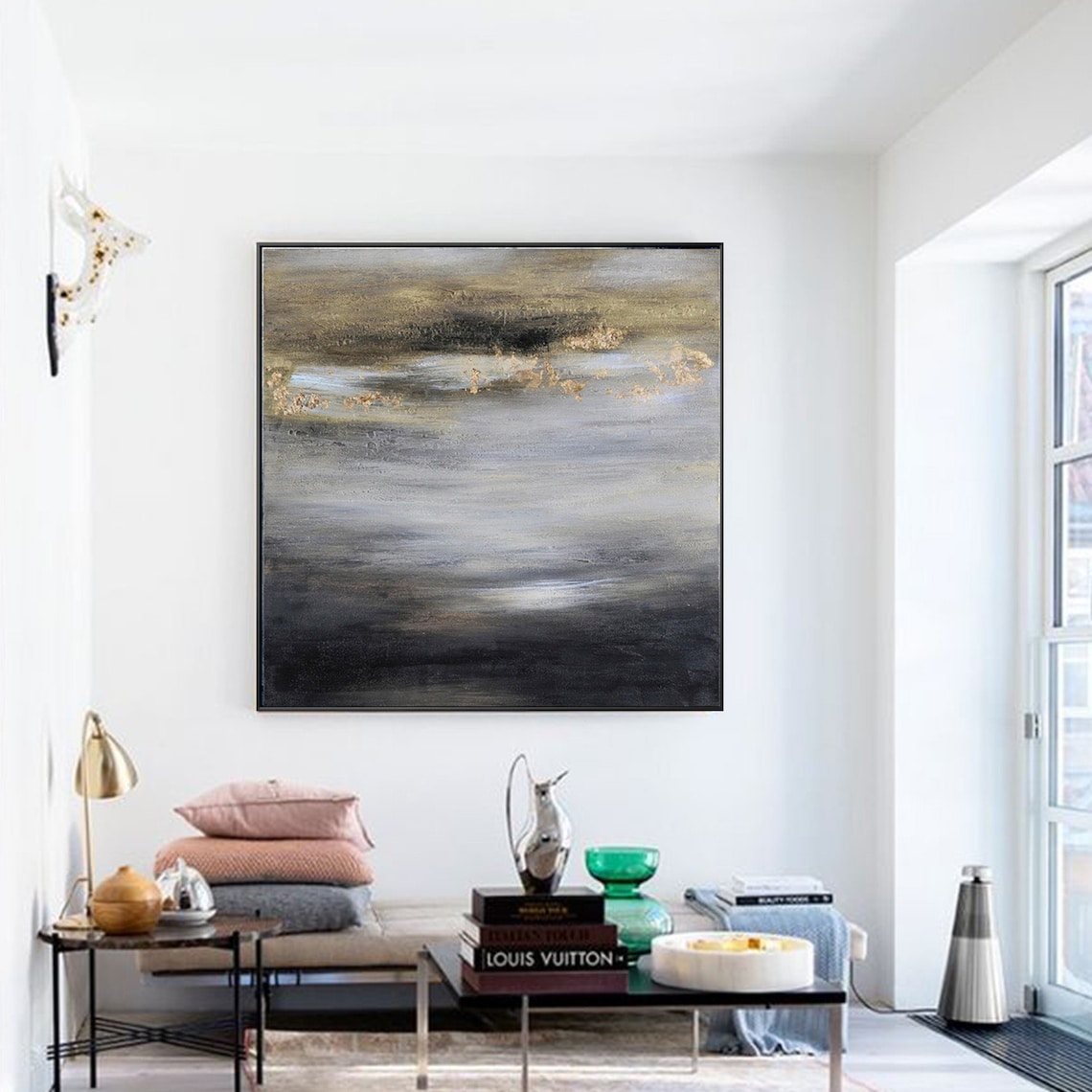 Gold leaf landscape abstract black mountain painting on canvas | Etsy