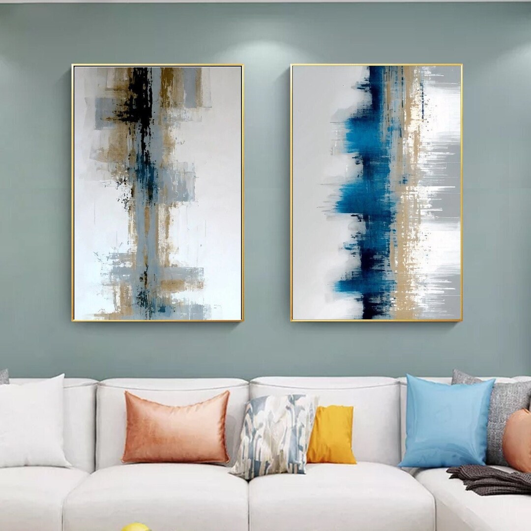 Set of 2 Pieces Blue Abstract Painting Navy Blue Landscape Painting on ...