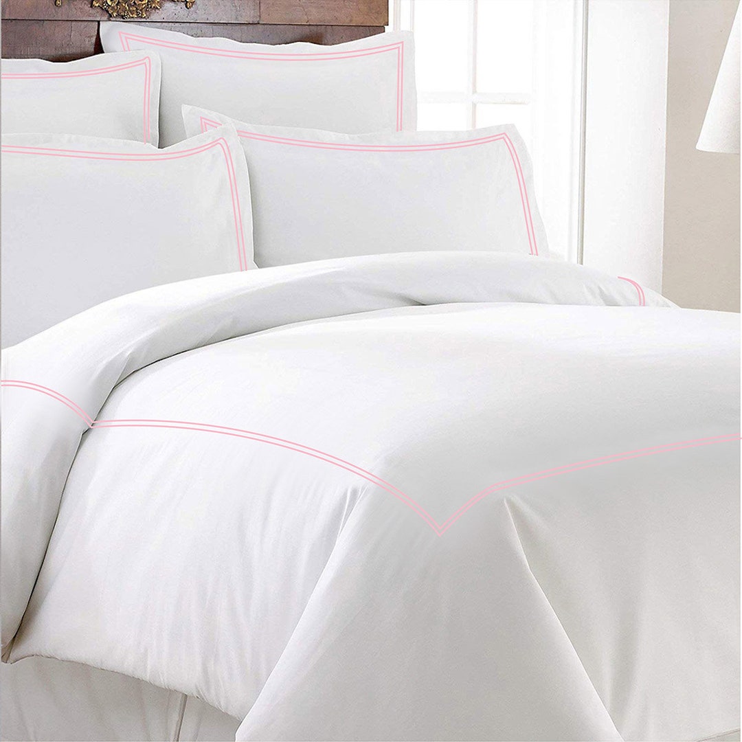 500 Thread Count White Cotton Sateen Hotel Stitch Duvet Cover Set in ...
