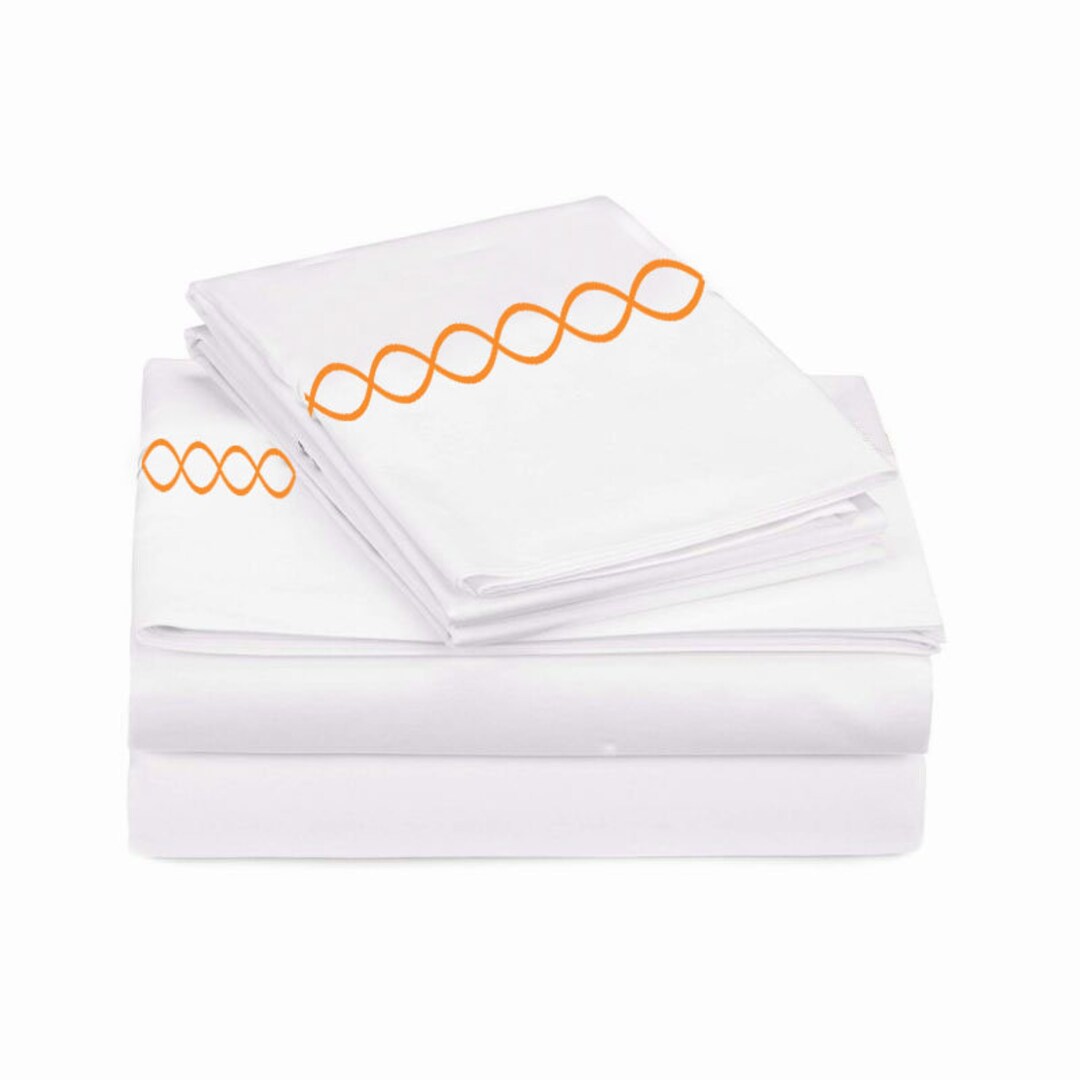 Chain Embroidery Sheet Set 400 Thread Count White Cotton Sateen Hotel ...