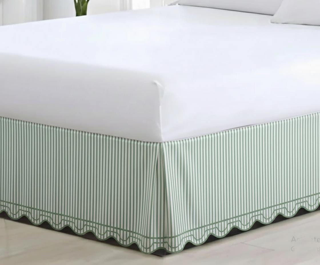 Ticking Stripe Pattern in U Shape Scalloped Embroidery and Border- Bed ...