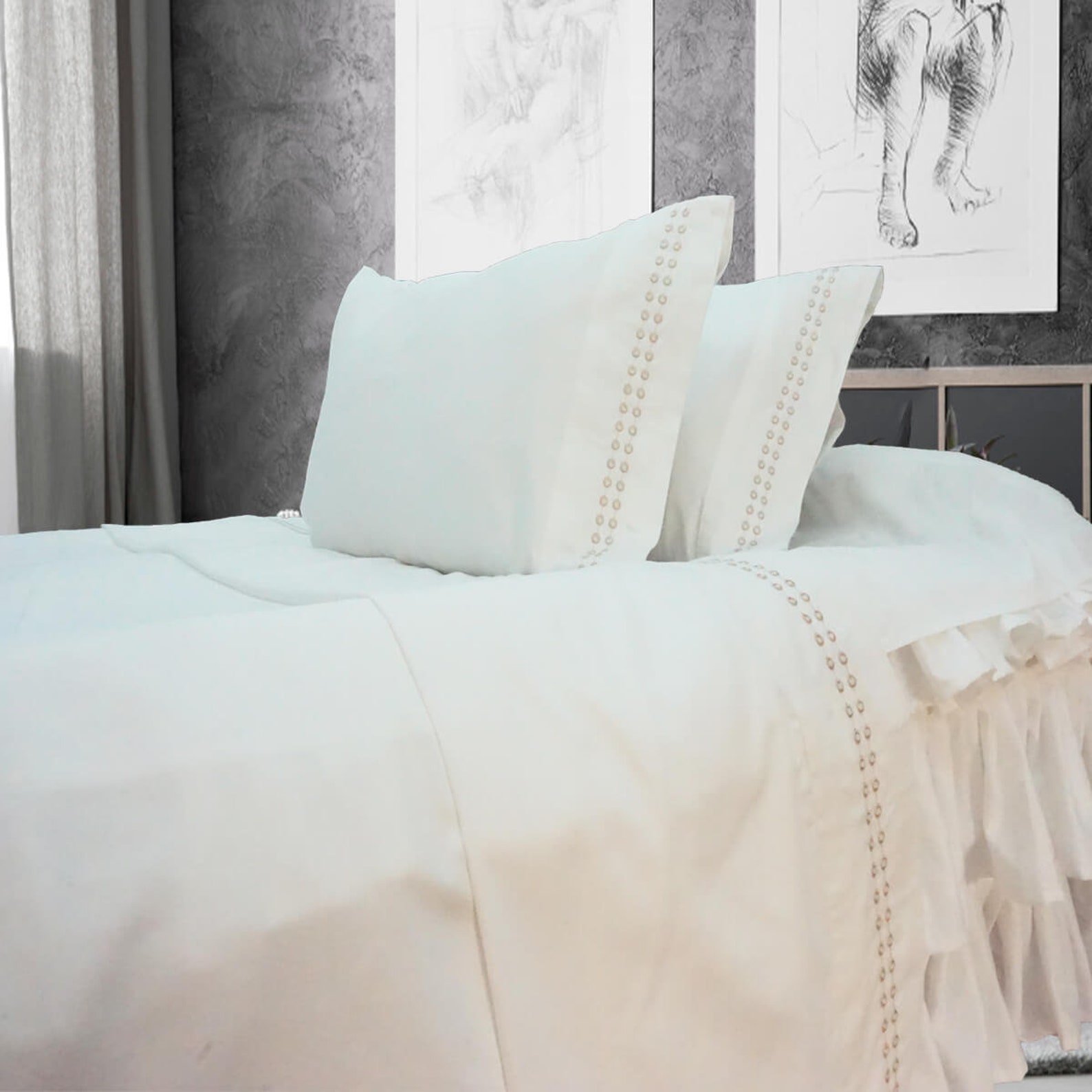 400 Thread Count White Cotton Sateen Hotel Stitch Dotted | Etsy